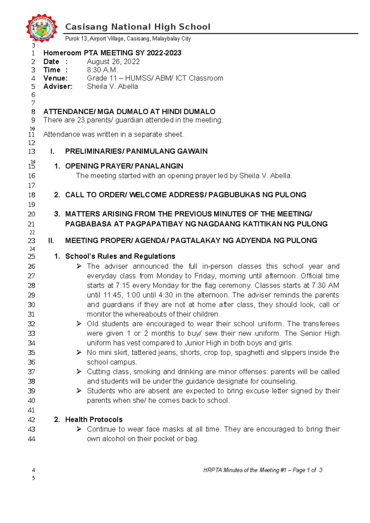 Minutes of the meeting Halimbawa NG Katitikan NG Pulong - Casisang ...