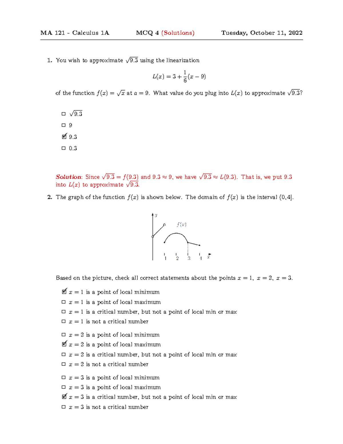 MCQ 4 Solutions - Professor: Denis Serbin - MA 121 - Calculus 1A MCQ 4 (Solutions) Tuesday ...