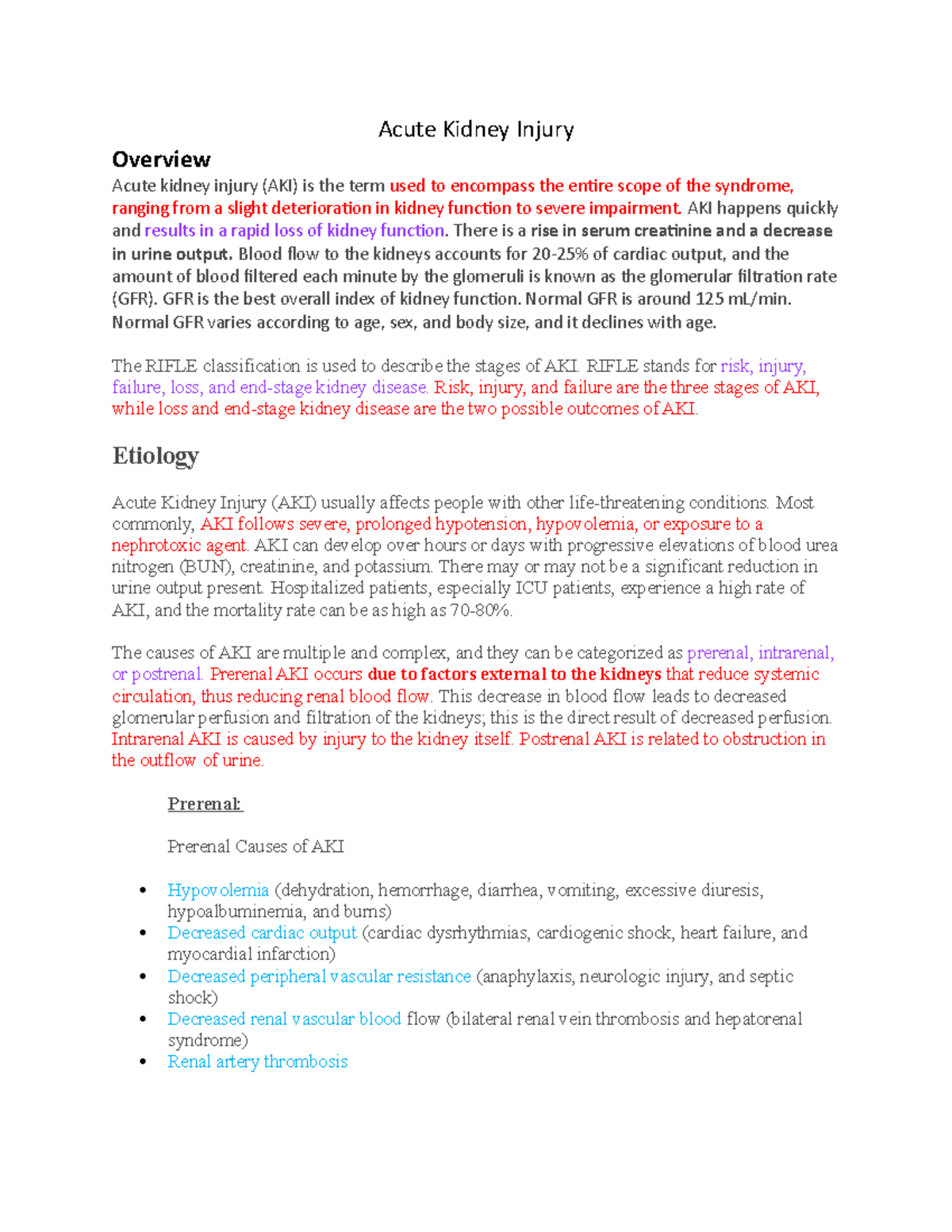 Acute Kidney Injury - Lecture notes 1 - Acute Kidney Injury Overview ...