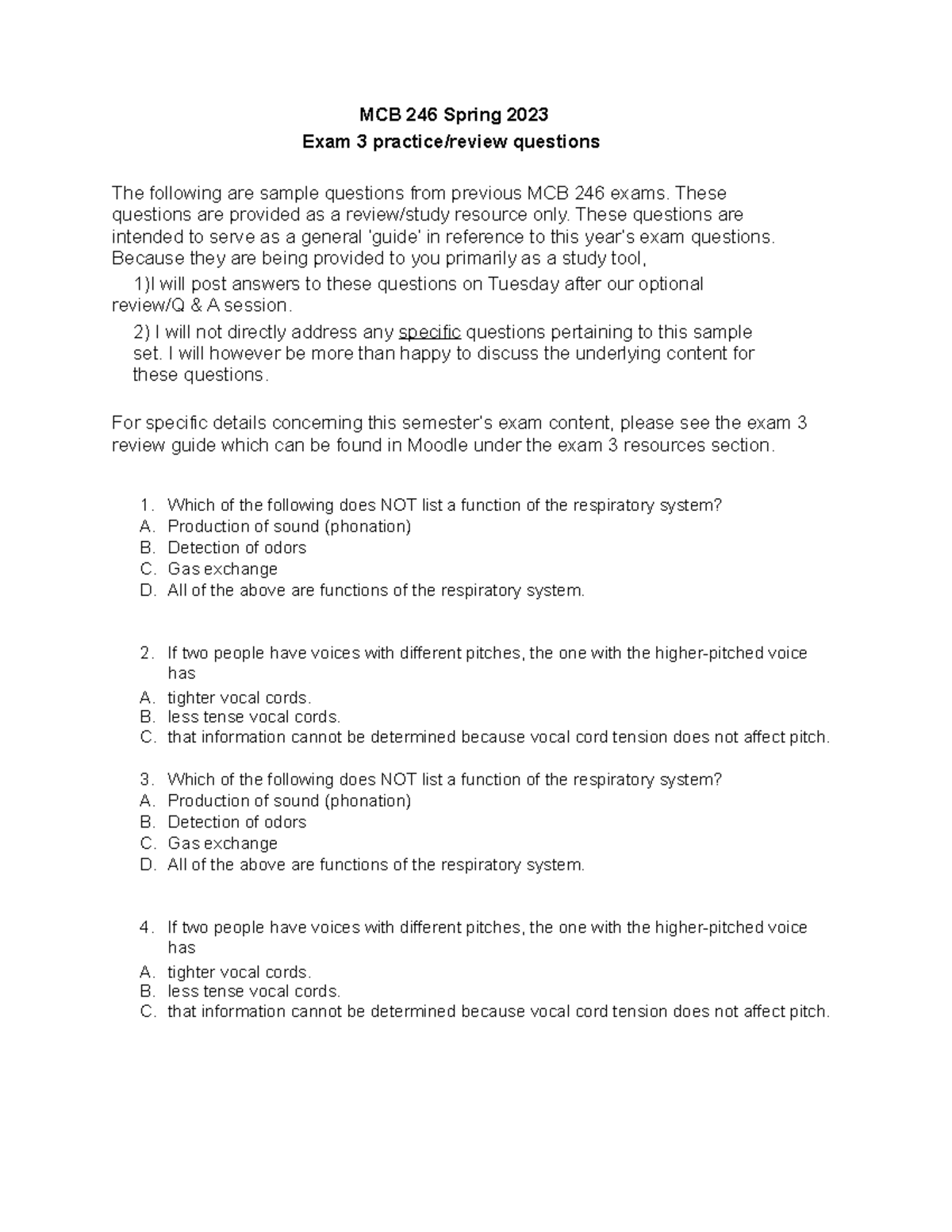 Exam03 Practice Questions SP23 W Key MCB 246 Spring 2023 Exam 3