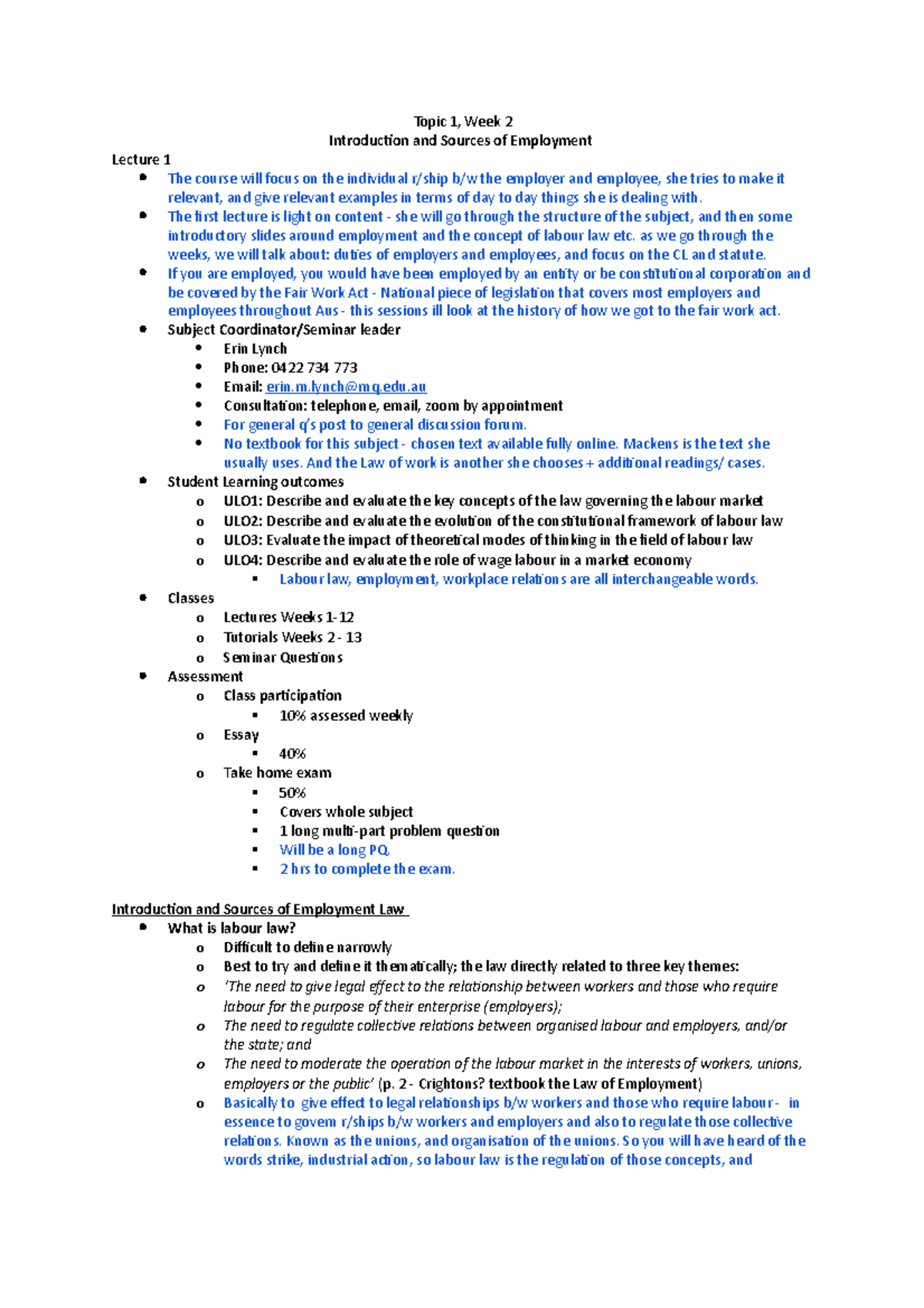 Labour Law Week 1 Lecture - Topic 1, Week 2 Introduction and Sources of ...