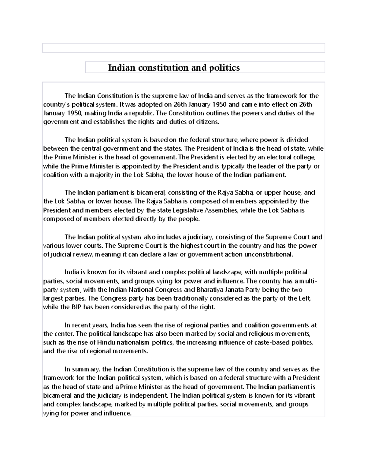 Indian constitution and politics - It was adopted on 26th January 1950 ...