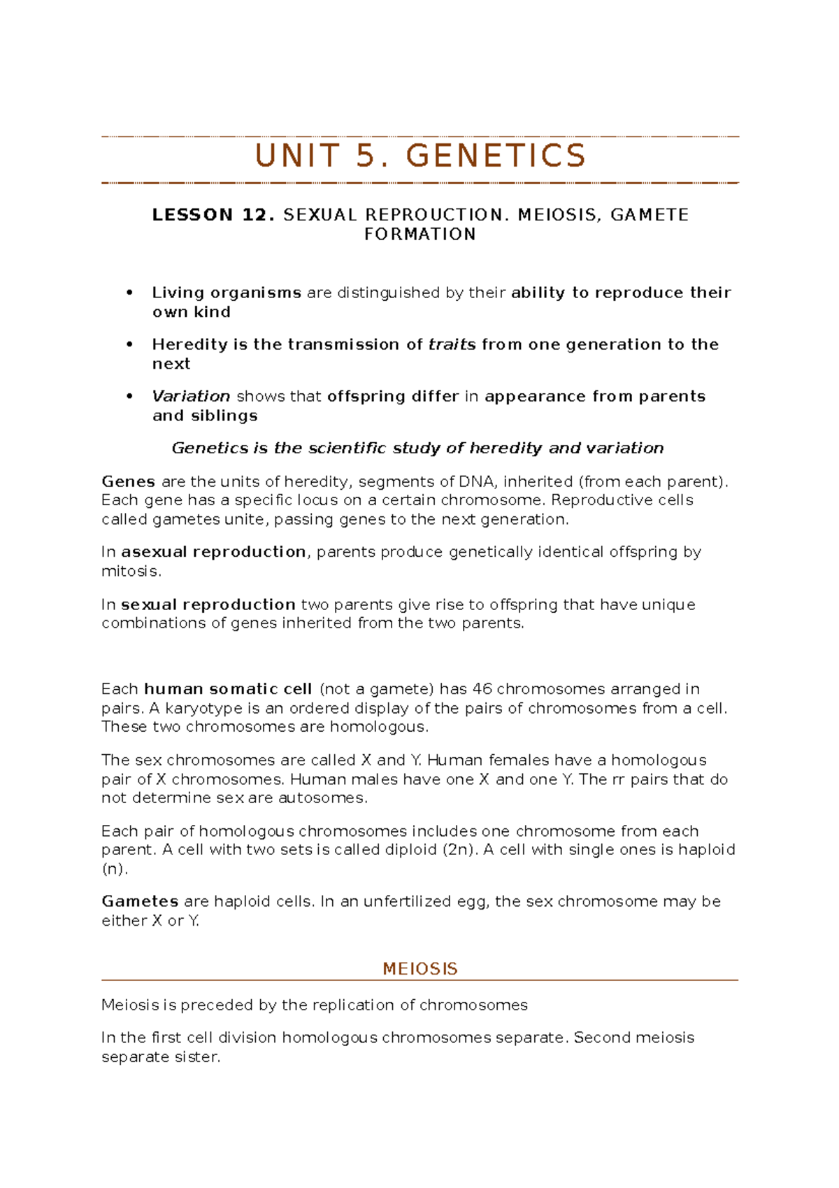 Meiosis - U N I T 5. G E N E T I C S LESSON 12. SEXUAL REPROUCTION ...