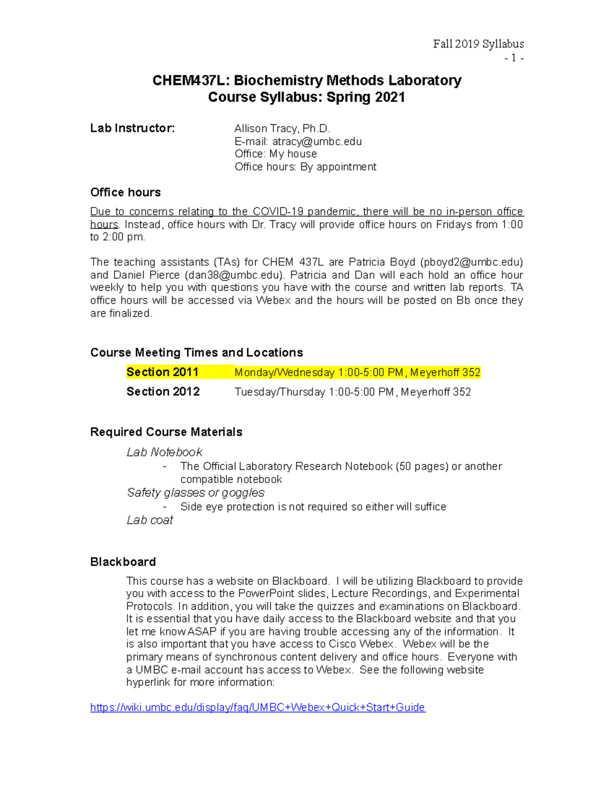 CHEM437L Spring 2021 Syllabus - 1 - CHEM437L: Biochemistry Methods ...