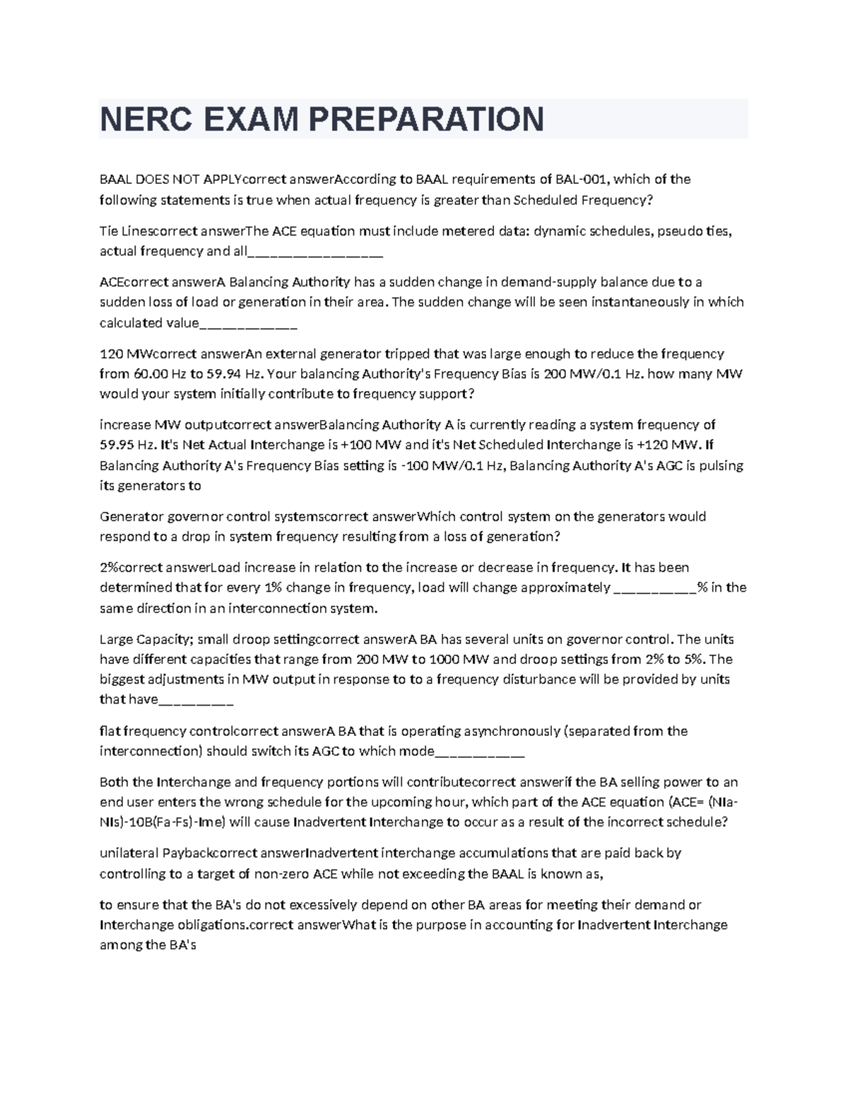 NERC EXAM Preparation - questions with answers - NERC EXAM PREPARATION ...