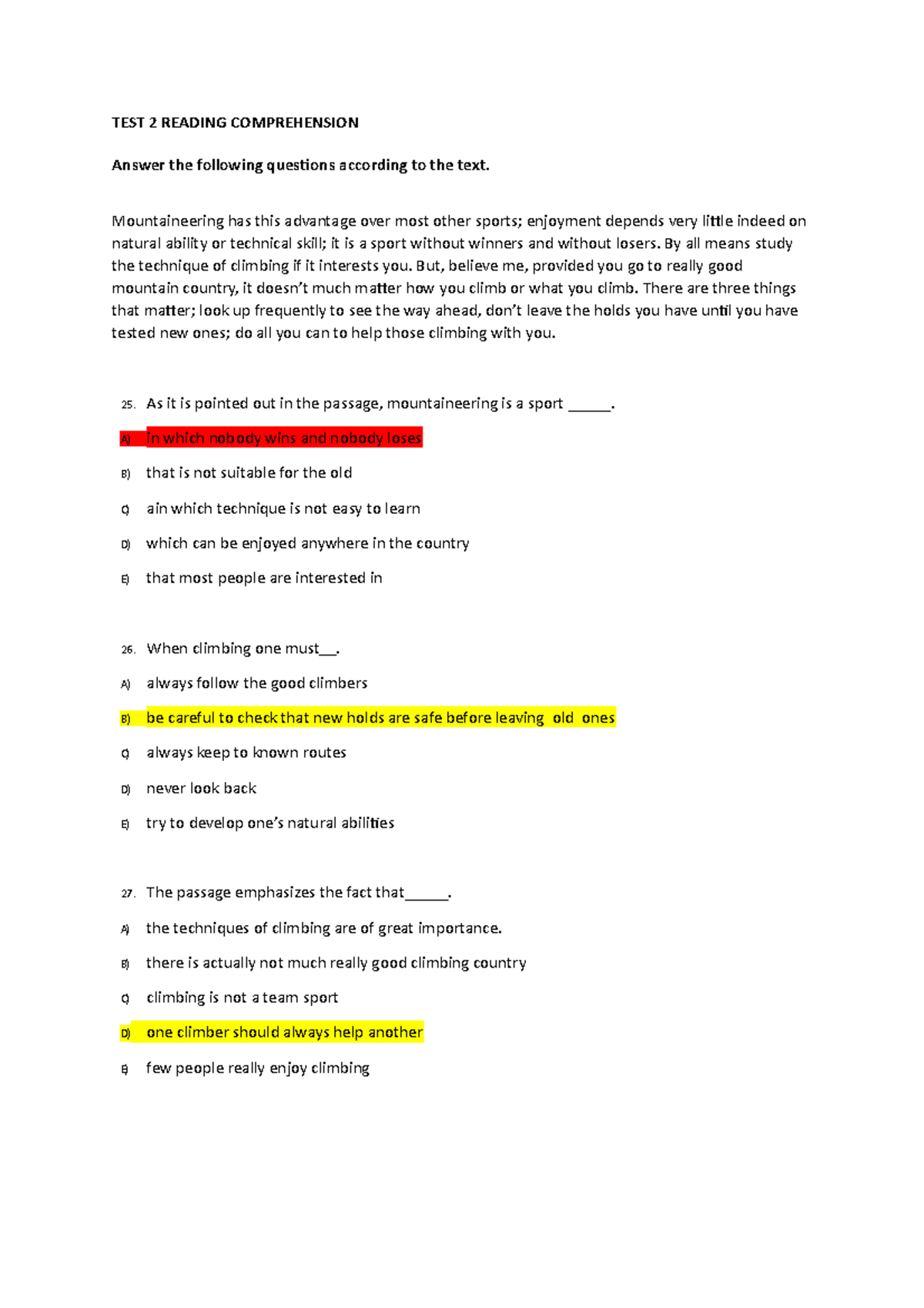FE Revision Reading Comprehension - TEST 2 READING COMPREHENSION Answer ...
