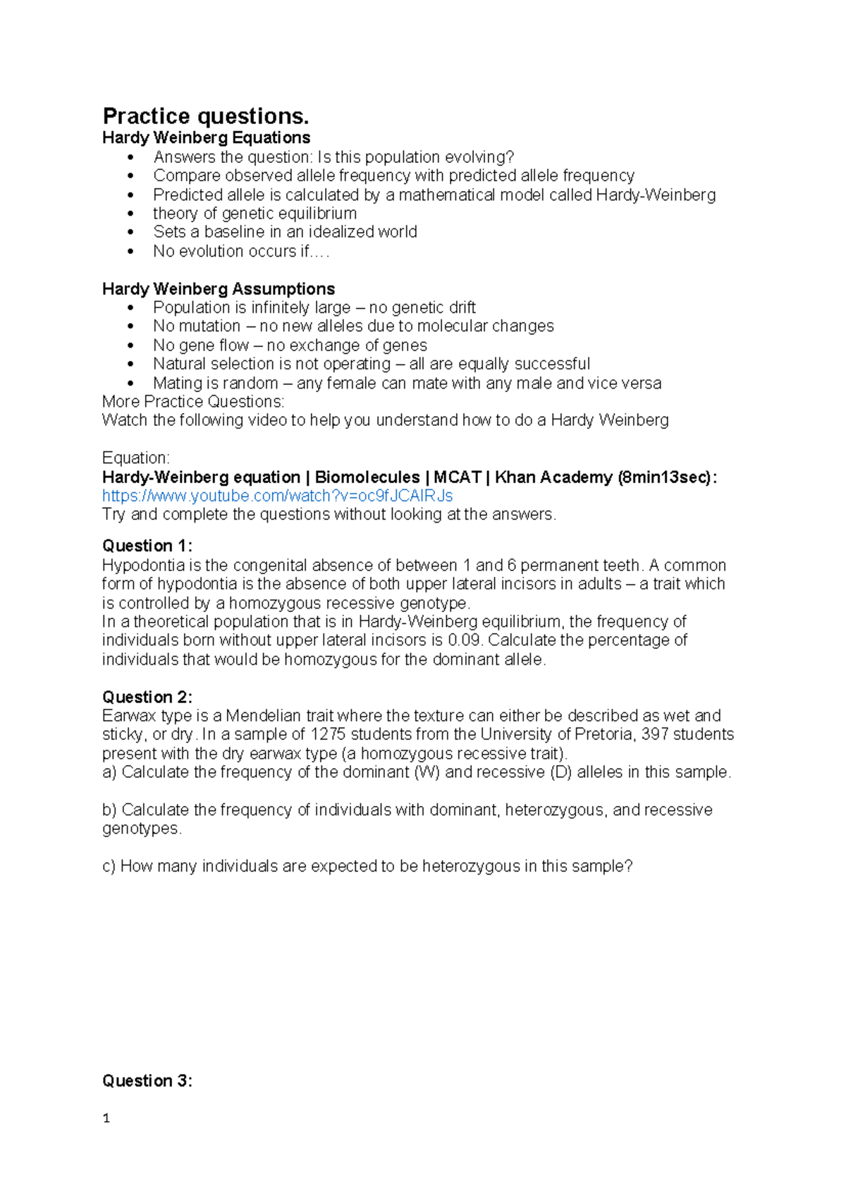 Hardy Weinberg Equations Practice questions - Practice questions. Hardy ...