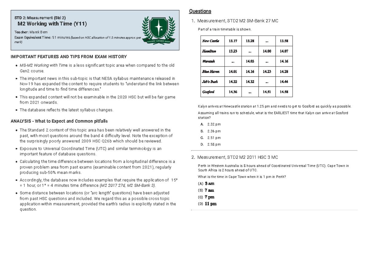 M2 Working with Time (Y11) - STD 2: Measurement (Std 2) M2 Working with ...