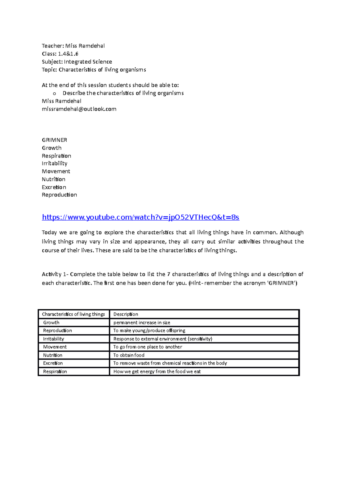 07 Grimner - it is the characteristics of life - Teacher: Miss Ramdehal ...