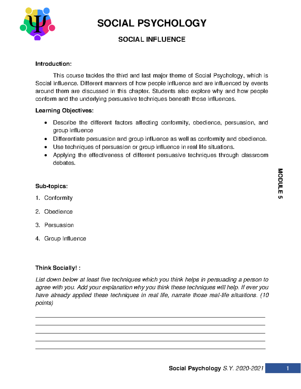 13th 16th week Social Psychology Modules - MODULE 5 SOCIAL INFLUENCE ...