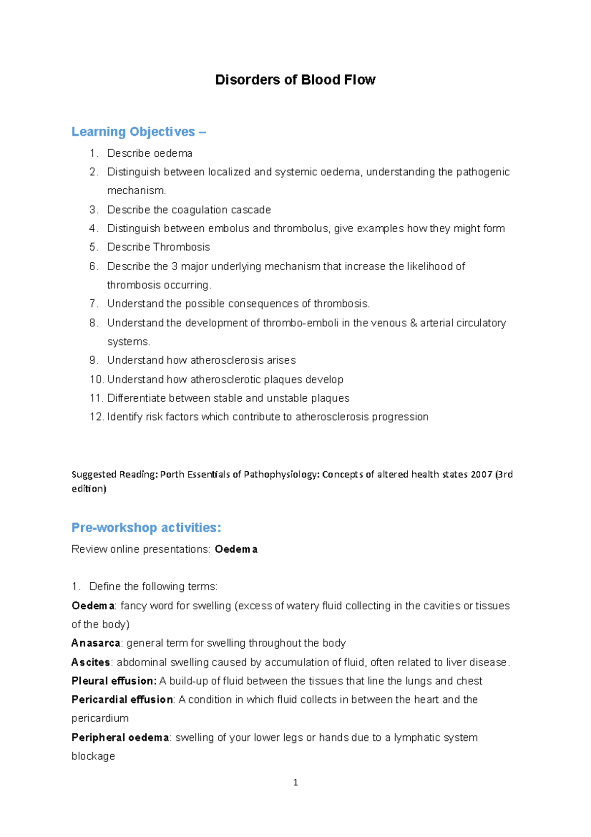 Worksheet - Disorders of Blood flow - Disorders of Blood Flow Learning ...