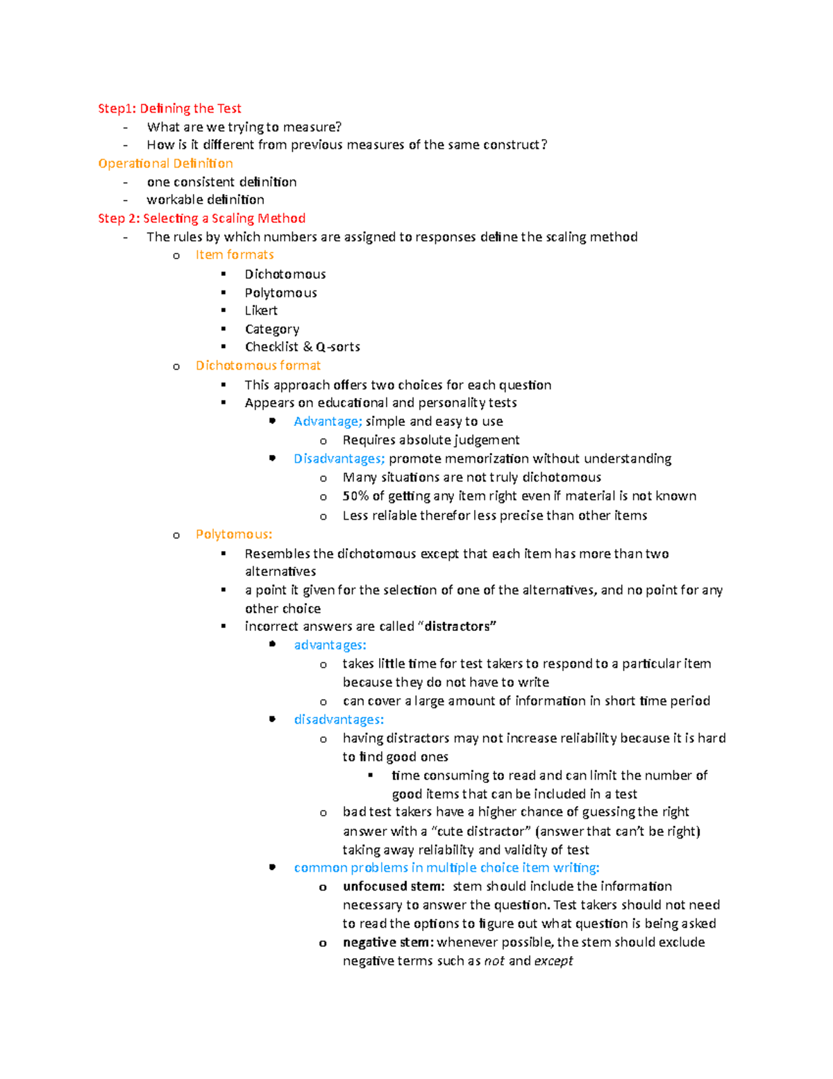 Psych 2 - Lecture notes week 4-6 - Step1: Defining the Test - What are ...