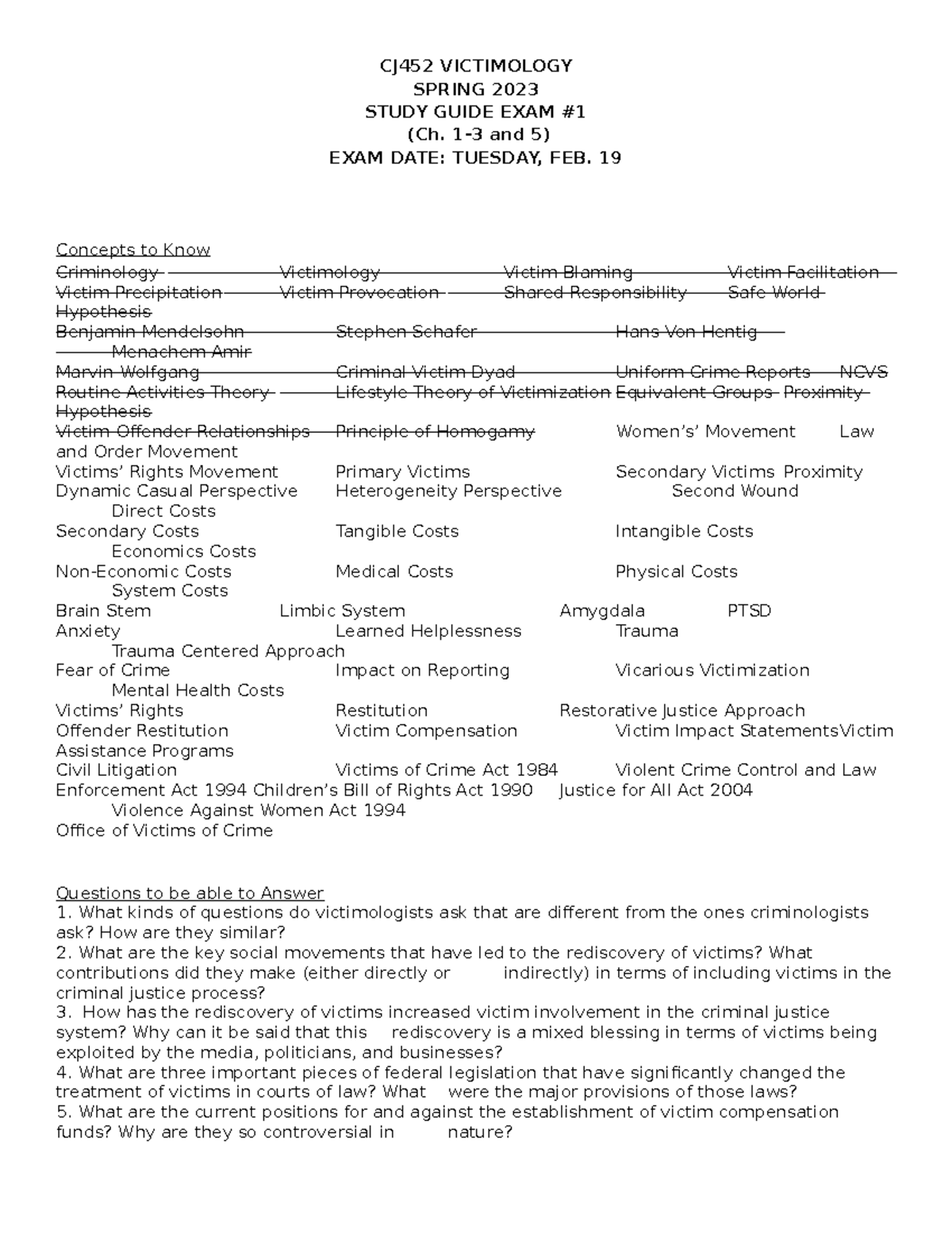 Spring 23rev1 - Exam 1 Terms and Short Answer - CJ452 VICTIMOLOGY SPRING 2023 STUDY GUIDE EXAM ...