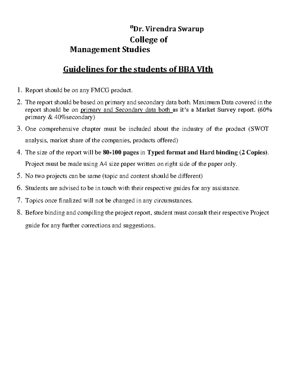 BBA 6th Sem Guidelines for Project Report - ⁸Dr. Virendra Swarup ...