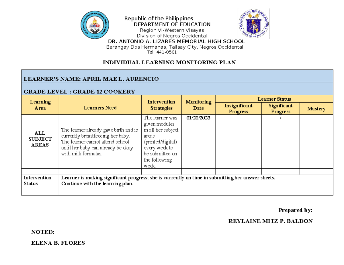 INDIVIDUAL LEARNING MONITORING PLAN - Republic of the Philippines ...