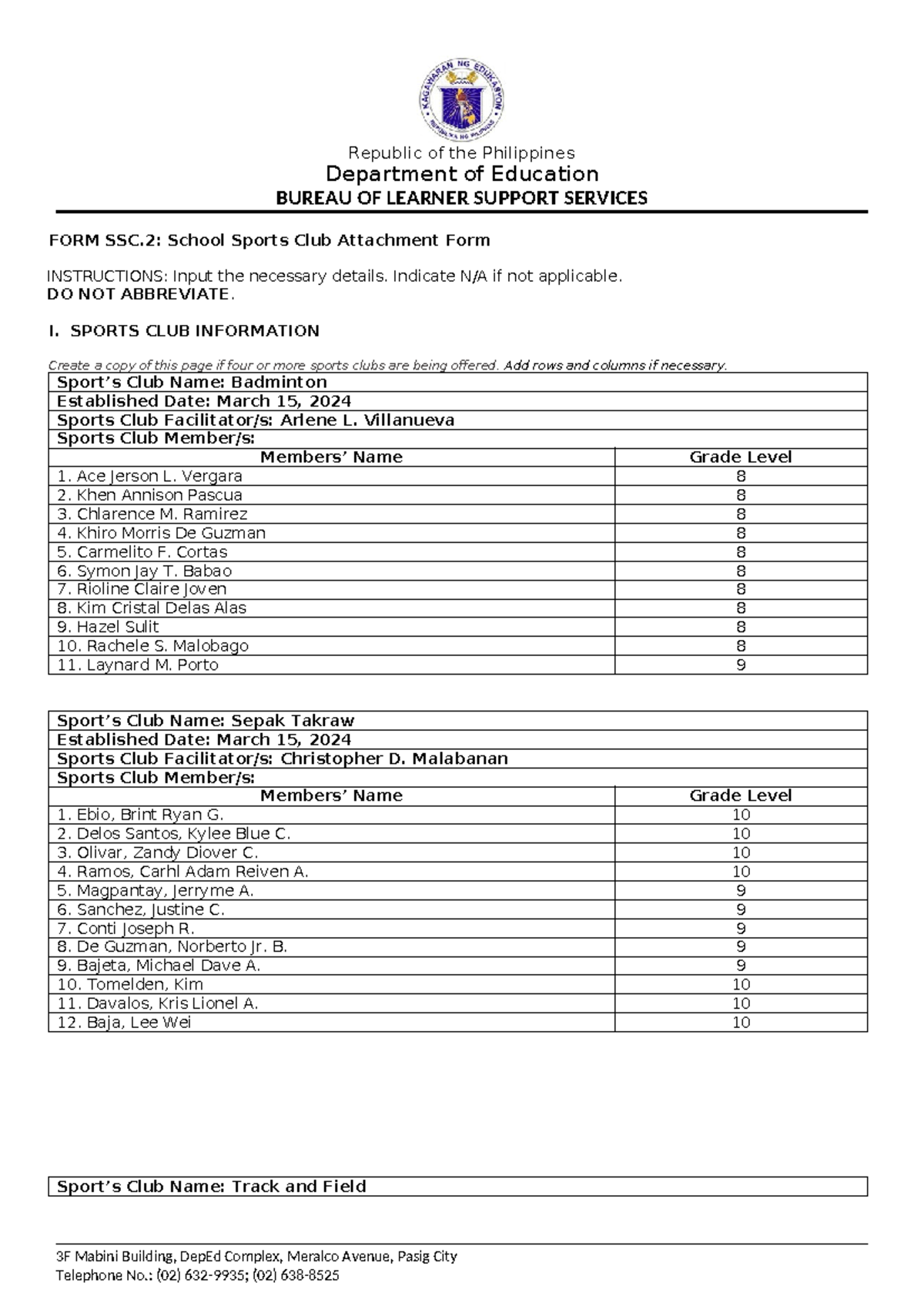 School Sports CLUB - Ball Games - Republic of the Philippines ...