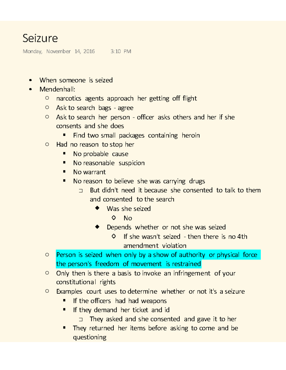 Seizure - Lecture note 20 - When someone is seized narcotics agents ...