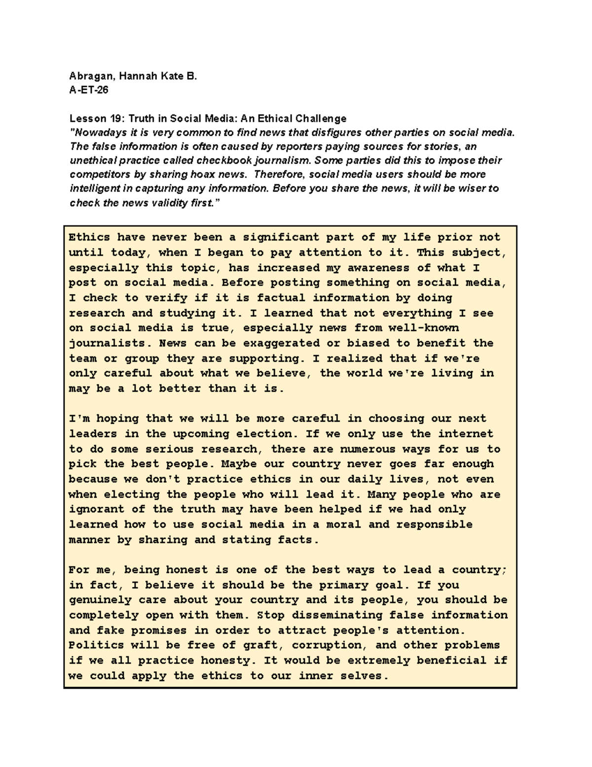 GEN 006 Reflection - Subject code: GEN 006 Subject description: Ethics ...