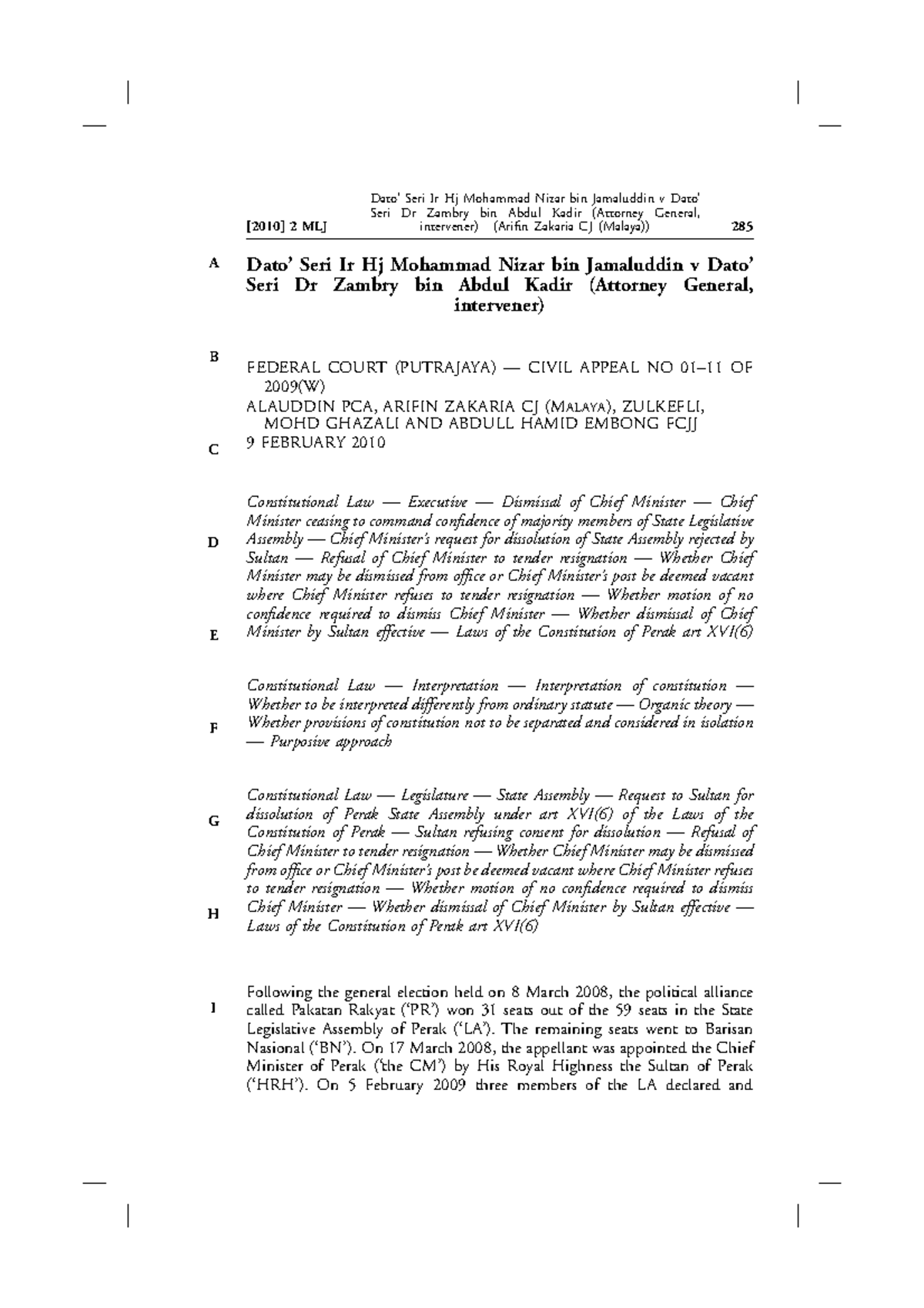 Dato' Seri Ir Hj Mohammad Nizar bin Jamaluddin v Dato' Seri Dr Zambry ...