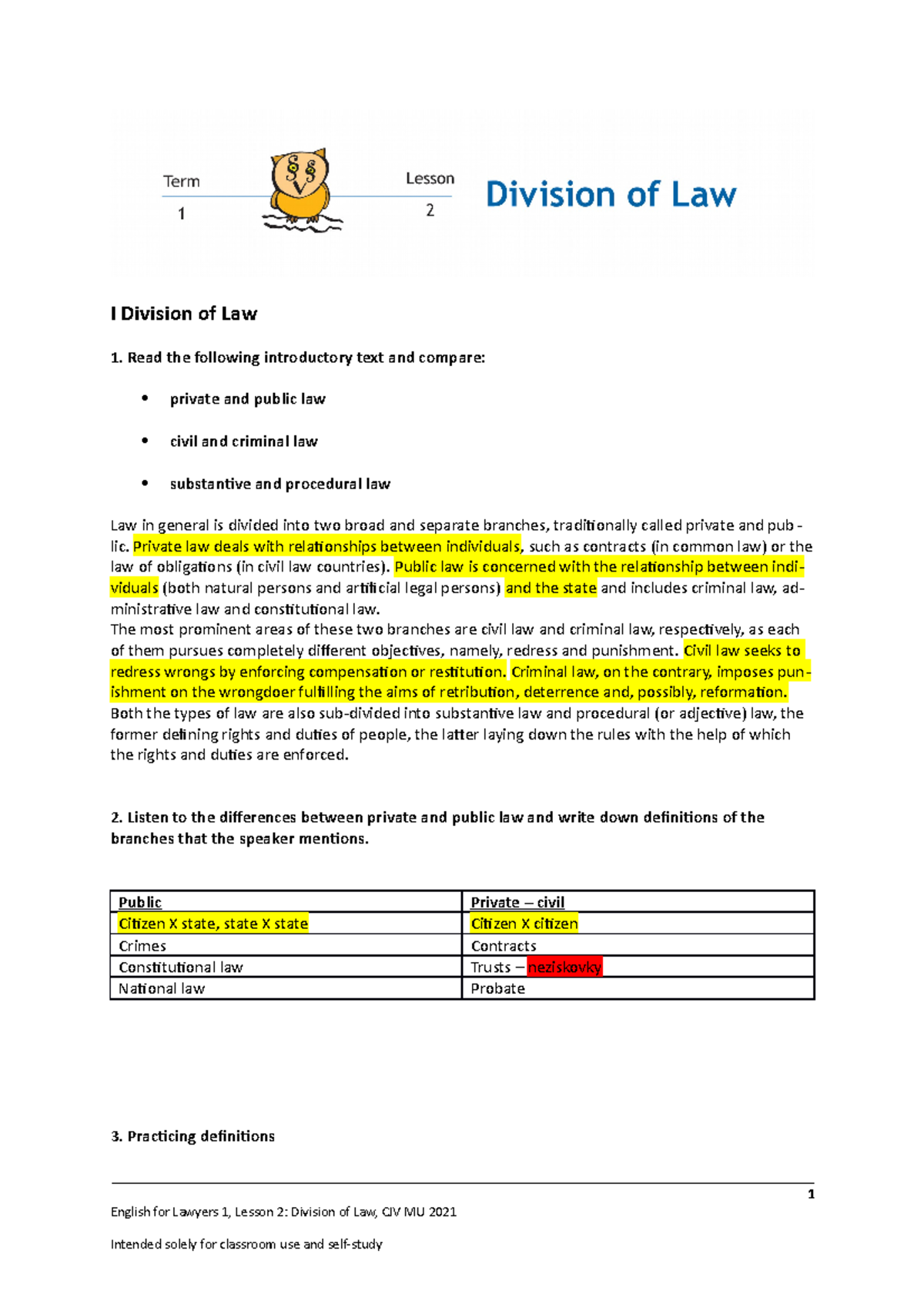 Lesson 02 Division of Law - I Division of Law 1. Read the following ...
