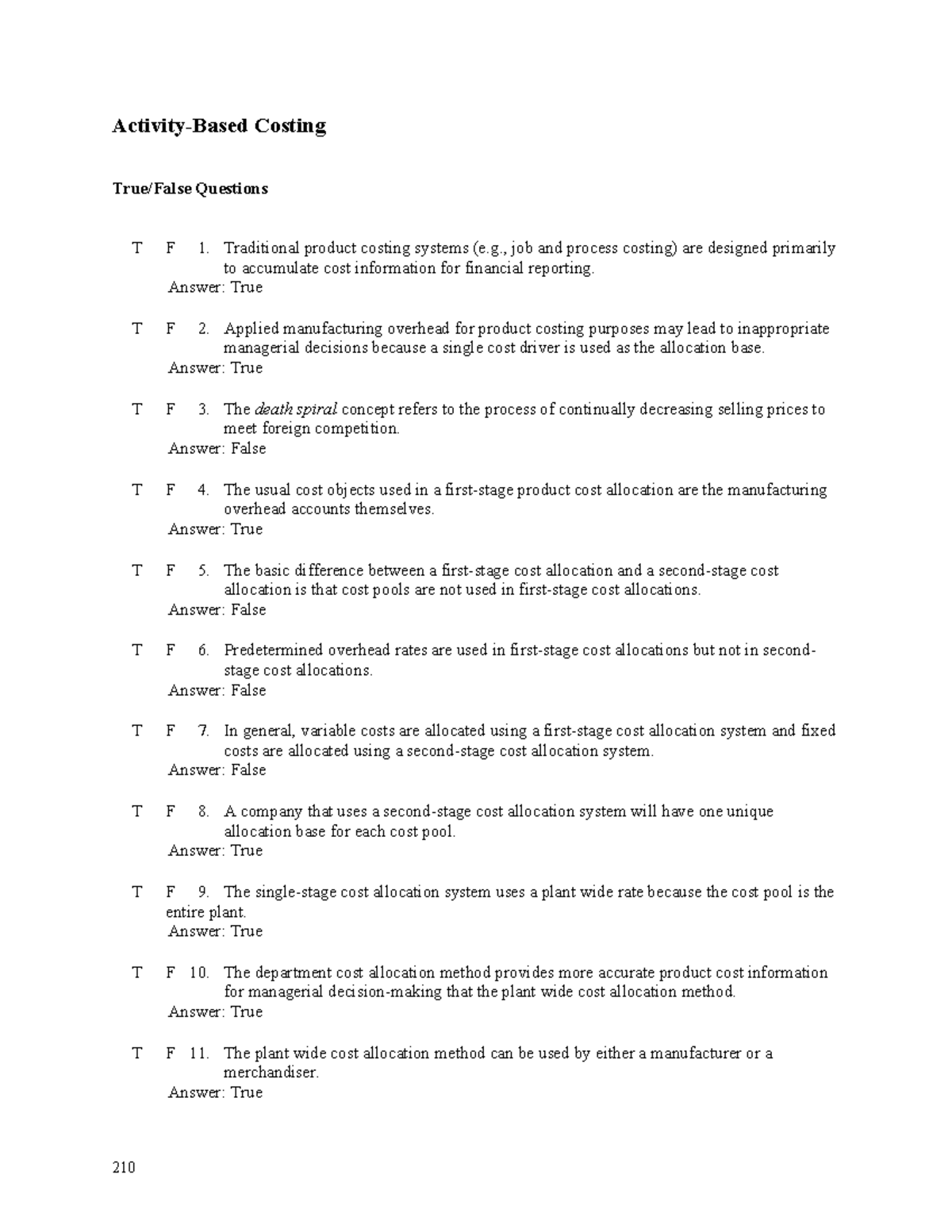 Answer Key-ABC- Activity-Based Costing True/False Questions T F 1 ...