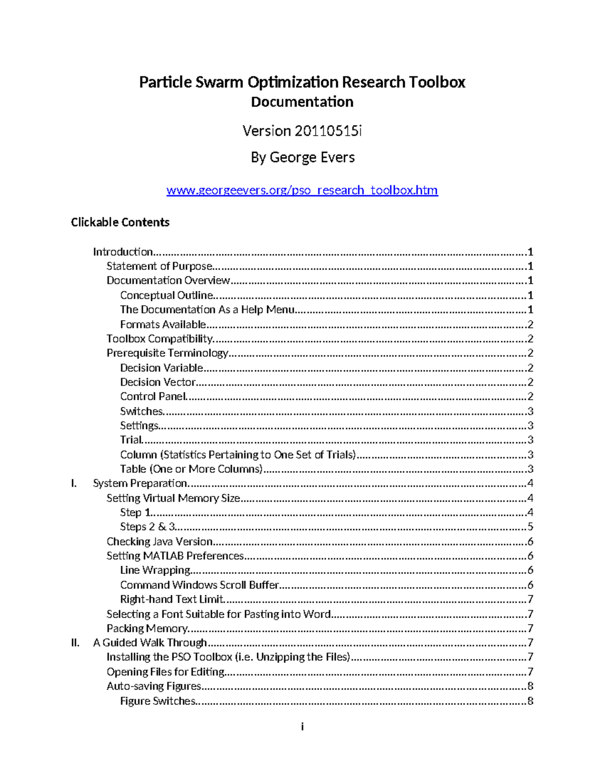 Pso Research Toolbox Documentation Particle Swarm Optimization Research Toolbox Documentation