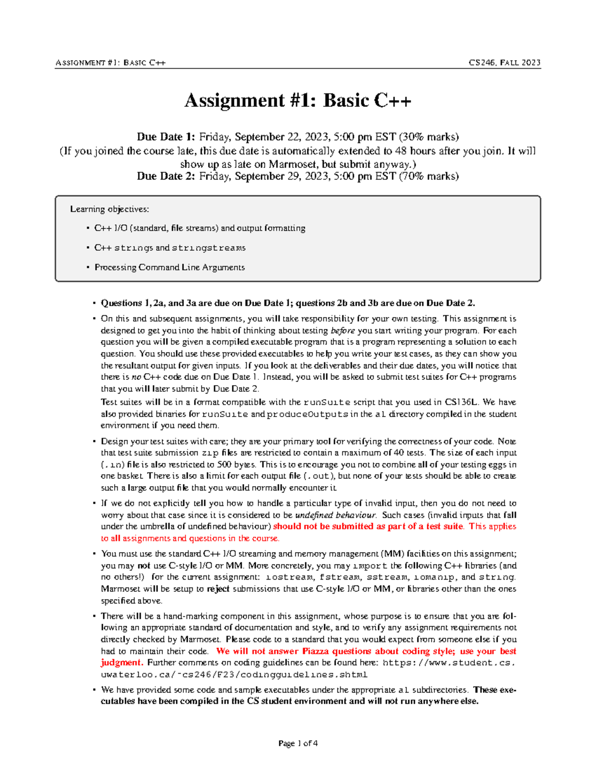 (CS 246)a1 - Assignment detials. - Assignment #1: Basic C++ Due Date 1: Friday, September 22 ...