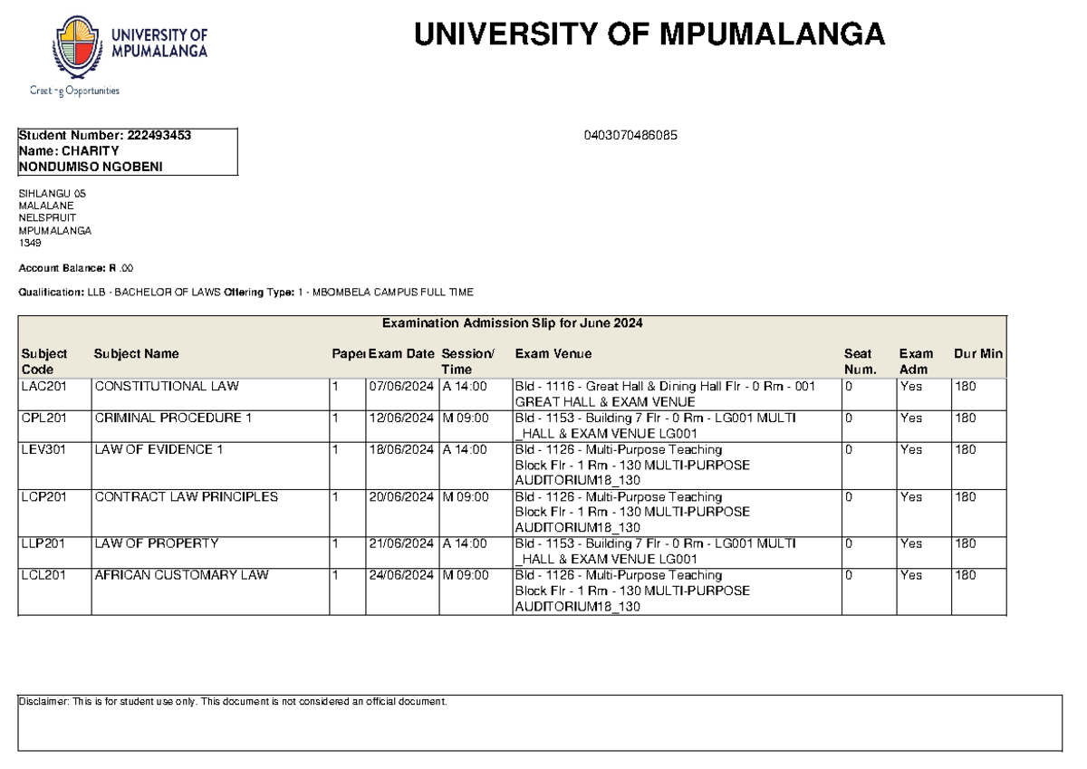 Ws11pkg.ws11 exam adm - Jhoguon - UNIVERSITY OF MPUMALANGA Student ...