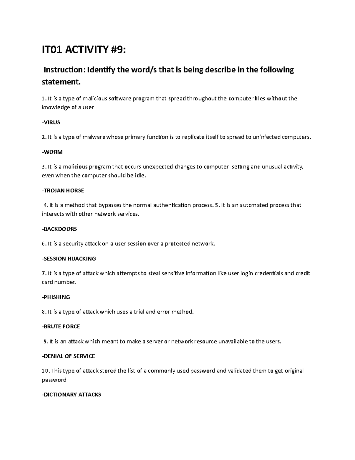 IT01 Activity 9 INRODUCTION TO CYBER SECURITY - IT01 ACTIVITY #9: Instruction: Identify the word ...