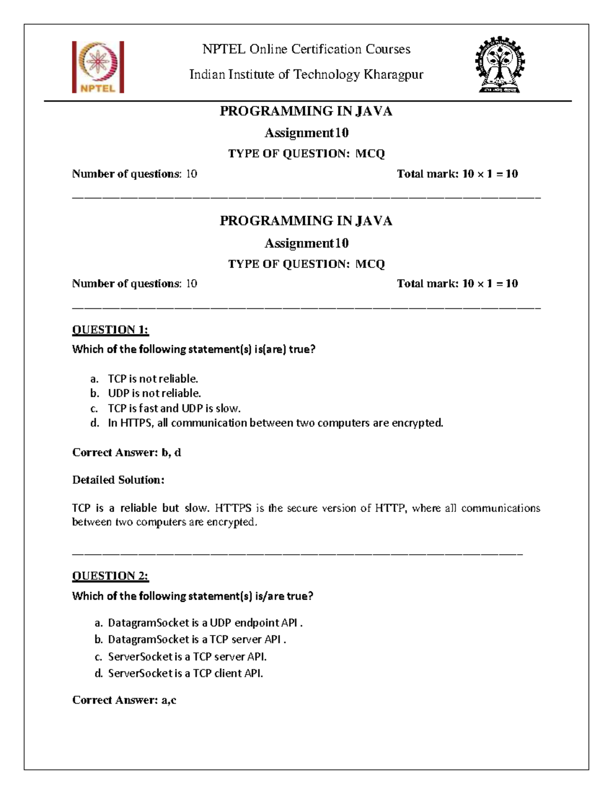 Week-10 Assignment - Indian Institute of Technology Kharagpur PROGRAMMING IN JAVA Assignment ...