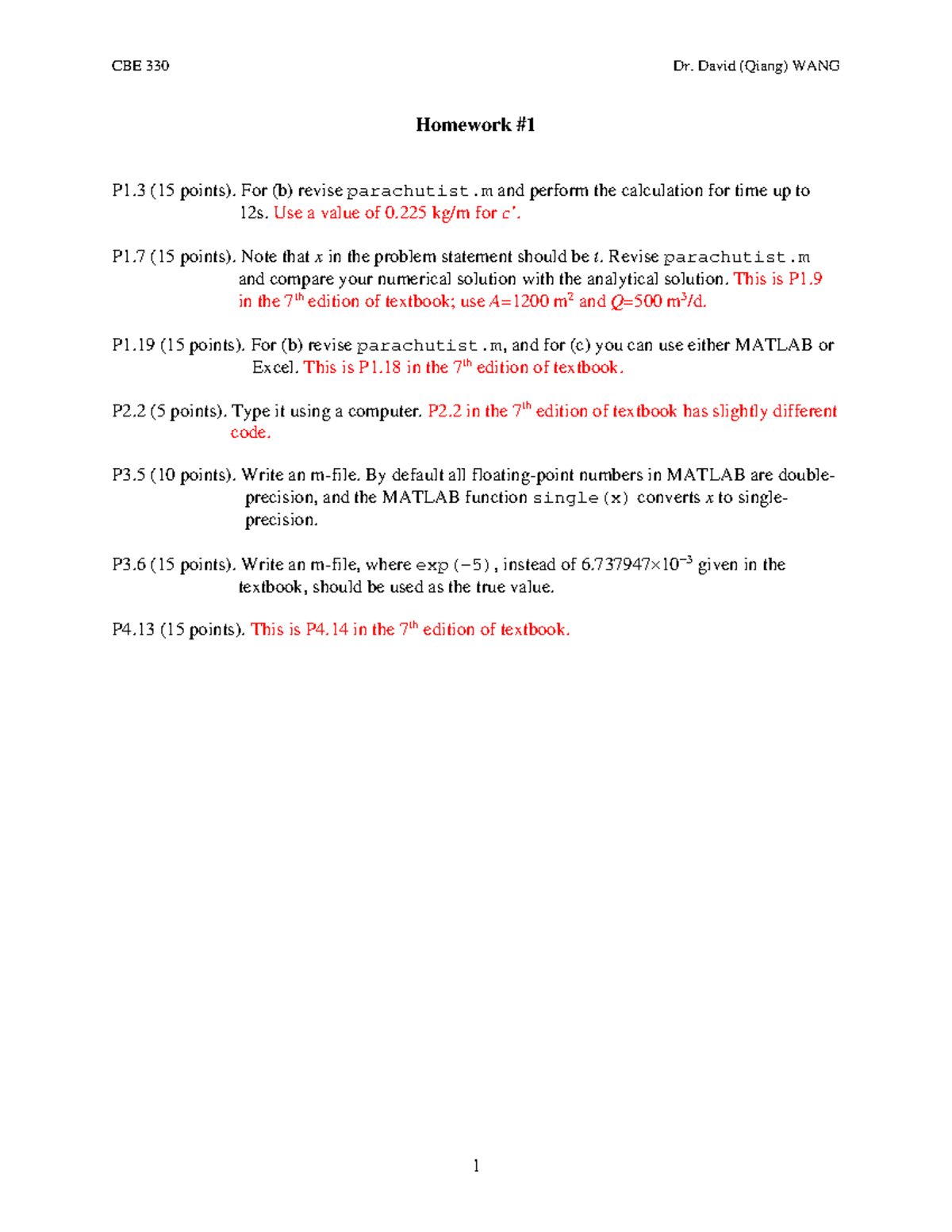 HW1 - Homework 1 - CBE 330 Dr. David (Qiang) WANG Homework #1 P1 (15 ...