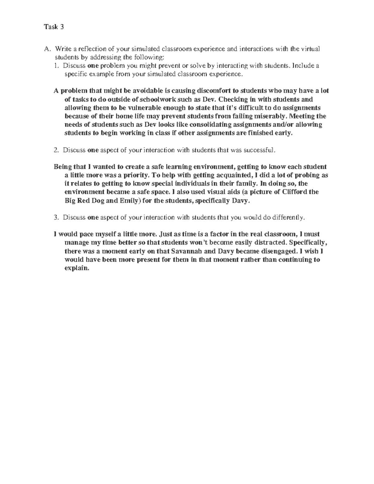 Interview with Teacher - Task 3 A. Write a reflection of your simulated ...