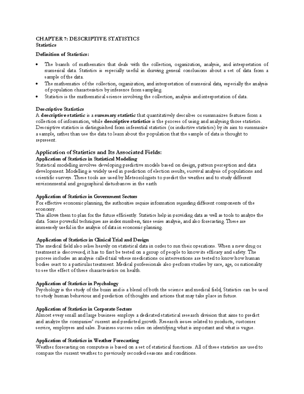 Chapter 7 - Descriptive Statistics Updated - CHAPTER 7: DESCRIPTIVE STATISTICS Statistics ...