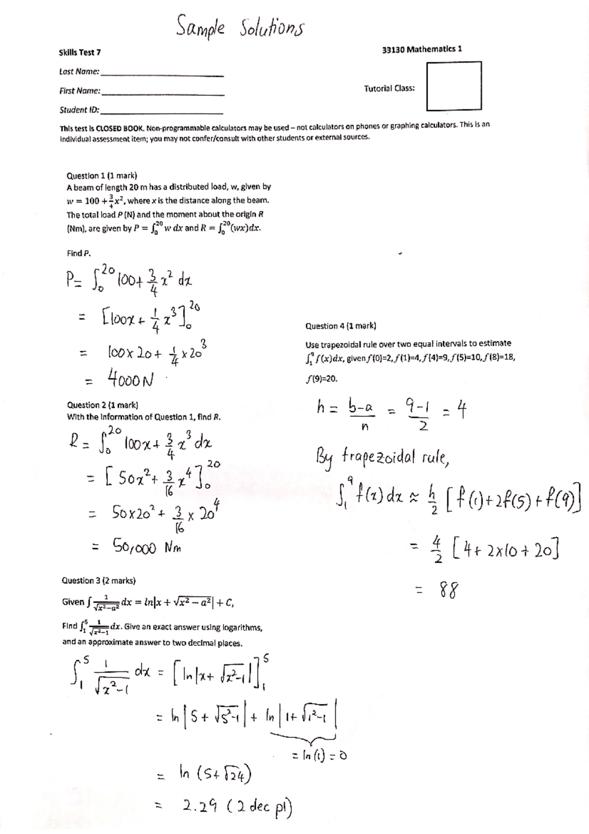 Skills Test 7 - Mathematics 1 - Sample Solutions Skills Test 7 33130 ...