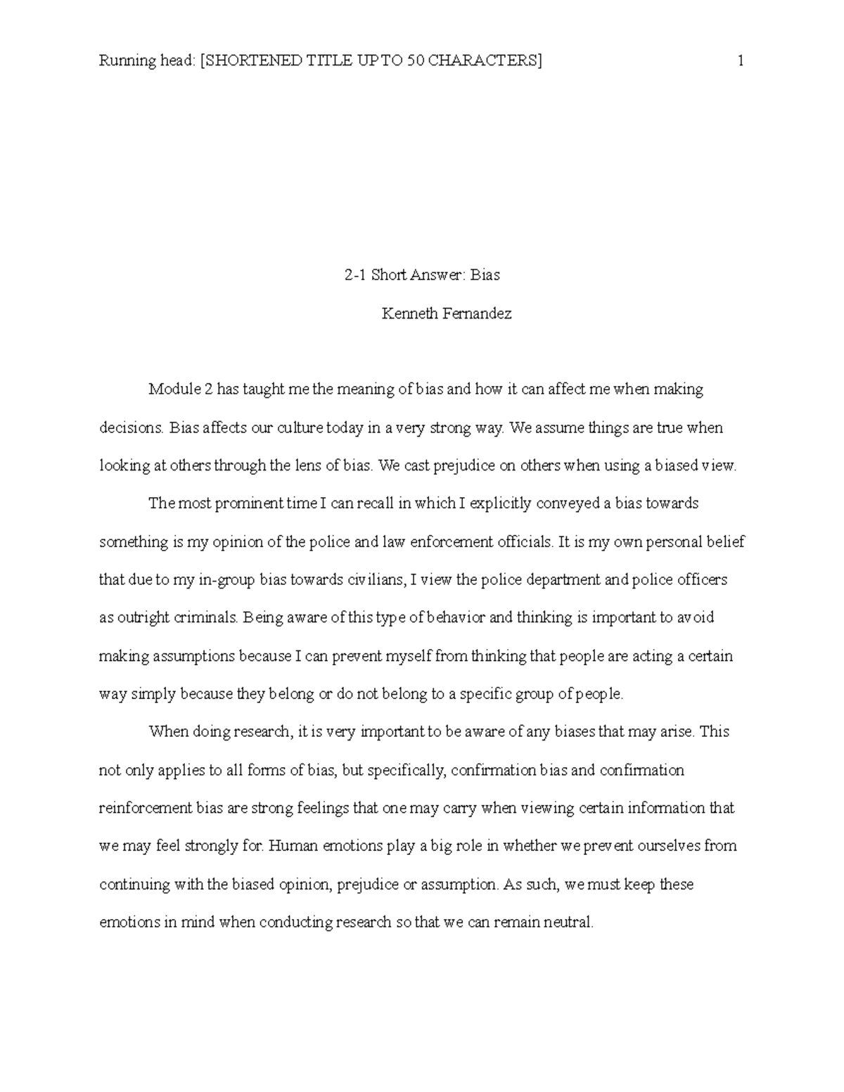 Module 2-1 Short Answer: Personal Bias - Running head: [SHORTENED TITLE ...