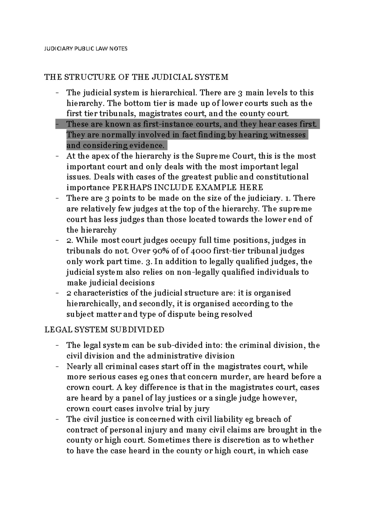 Judiciary Public LAW Notes - JUDICIARY PUBLIC LAW NOTES THE STRUCTURE ...