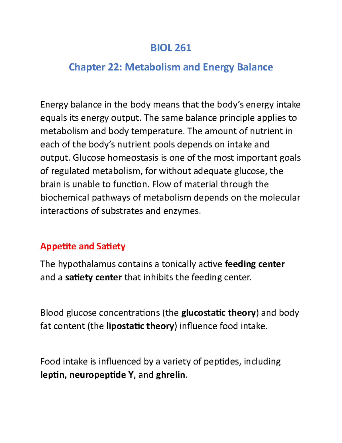 Human Physiology Ch 22 (Notes) - BIOL 261 Chapter 22: Metabolism and ...