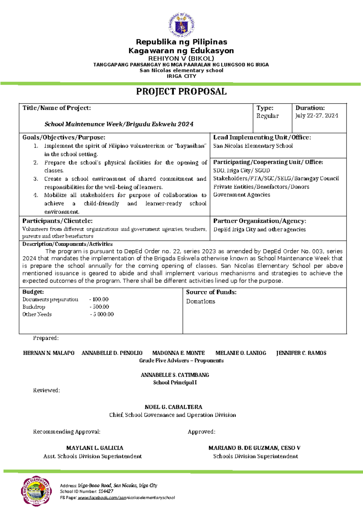 Brigada Eskwela 2024 - Sample proposal - Address: Iriga-Baao Road, San ...