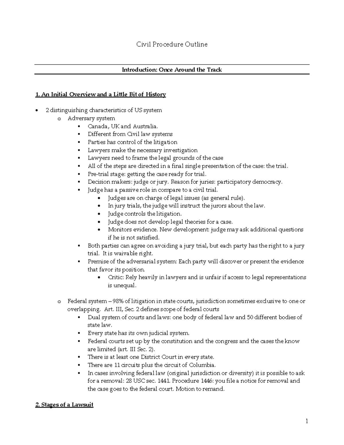 Civ pro outline - Civil Procedure Outline Introduction: Once Around the ...