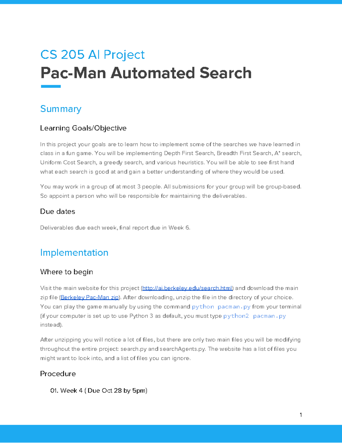 Pac-Man Project (3 weeks) - CS 205 AI Project Pac-Man Automated Search Summary Learning - Studocu