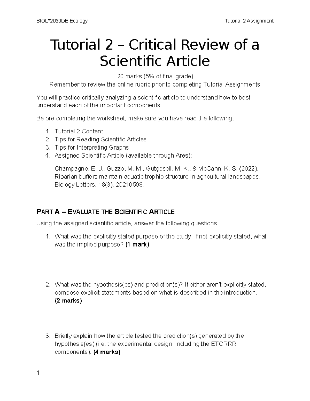 Tutorial 2 - Critical Analysis of a Scientific Article - BIOL*2060DE Ecology Tutorial 2 ...