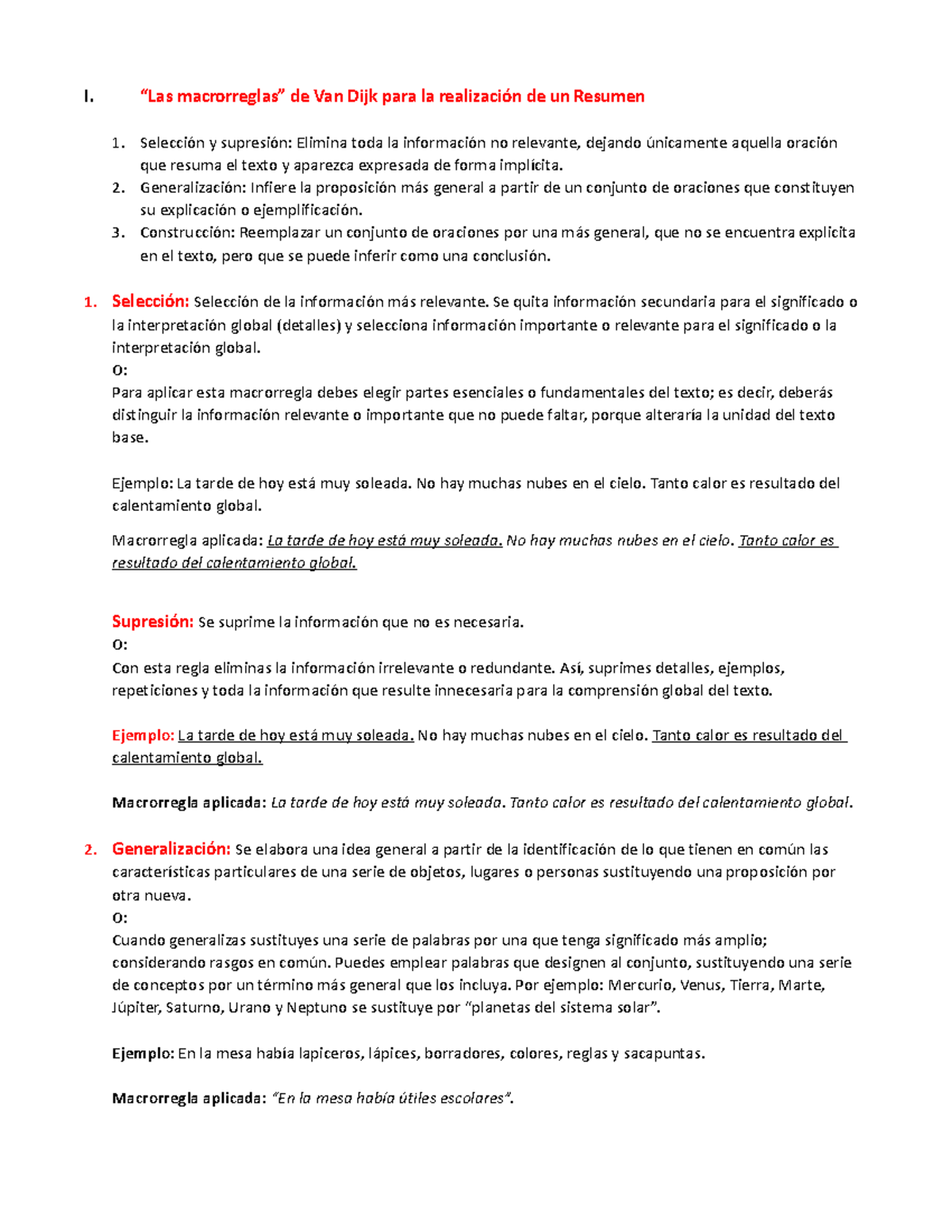 1. Clase - Las macrorreglas de Van Dijk para el resumen - I. “Las ...