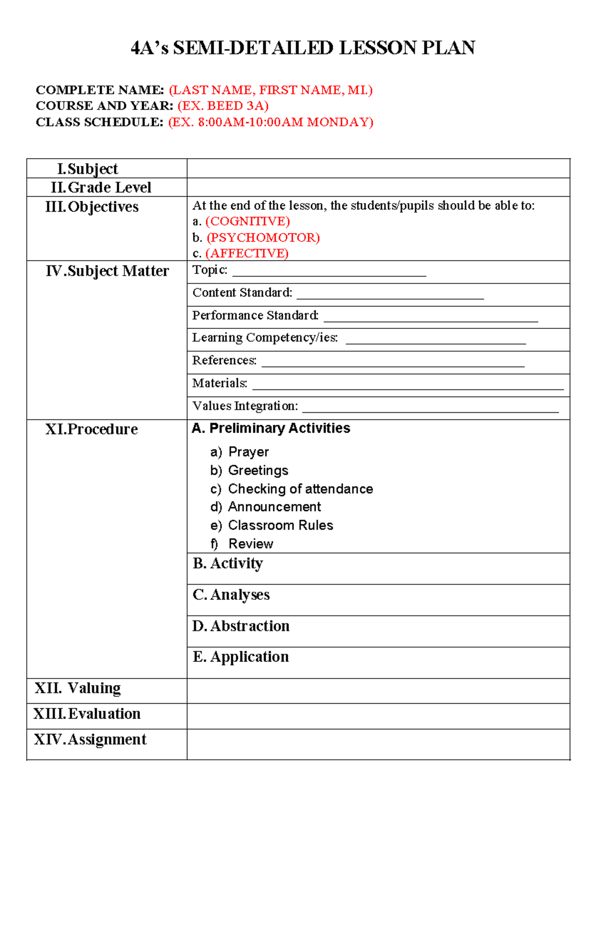 BSED-ENG Lesson-PLAN- Format - 4A’s SEMI-DETAILED LESSON PLAN COMPLETE NAME: (LAST NAME, FIRST ...