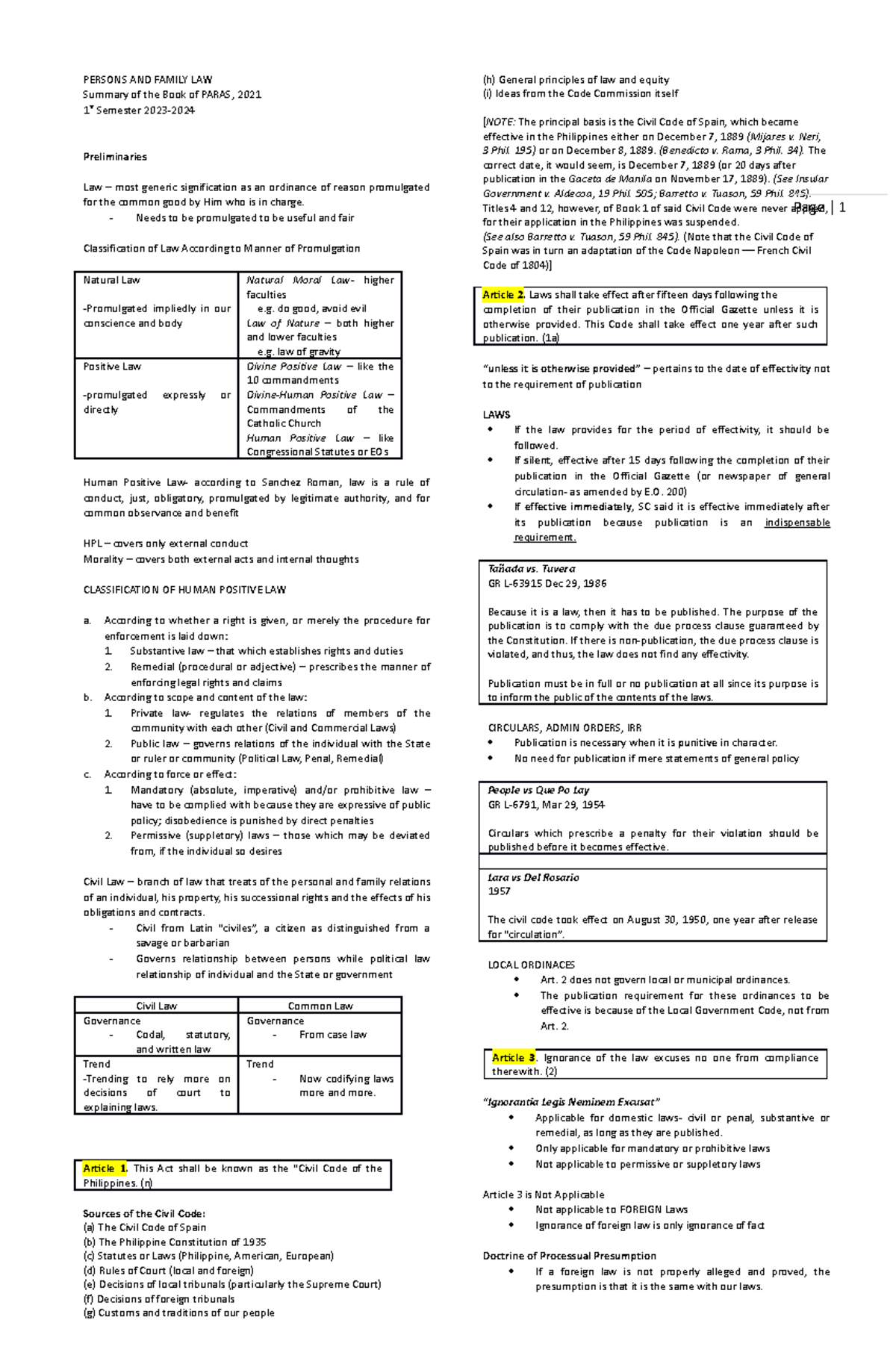PFR-Reviewer-2023 - Article 1-18 summary - Civil Code of the ...