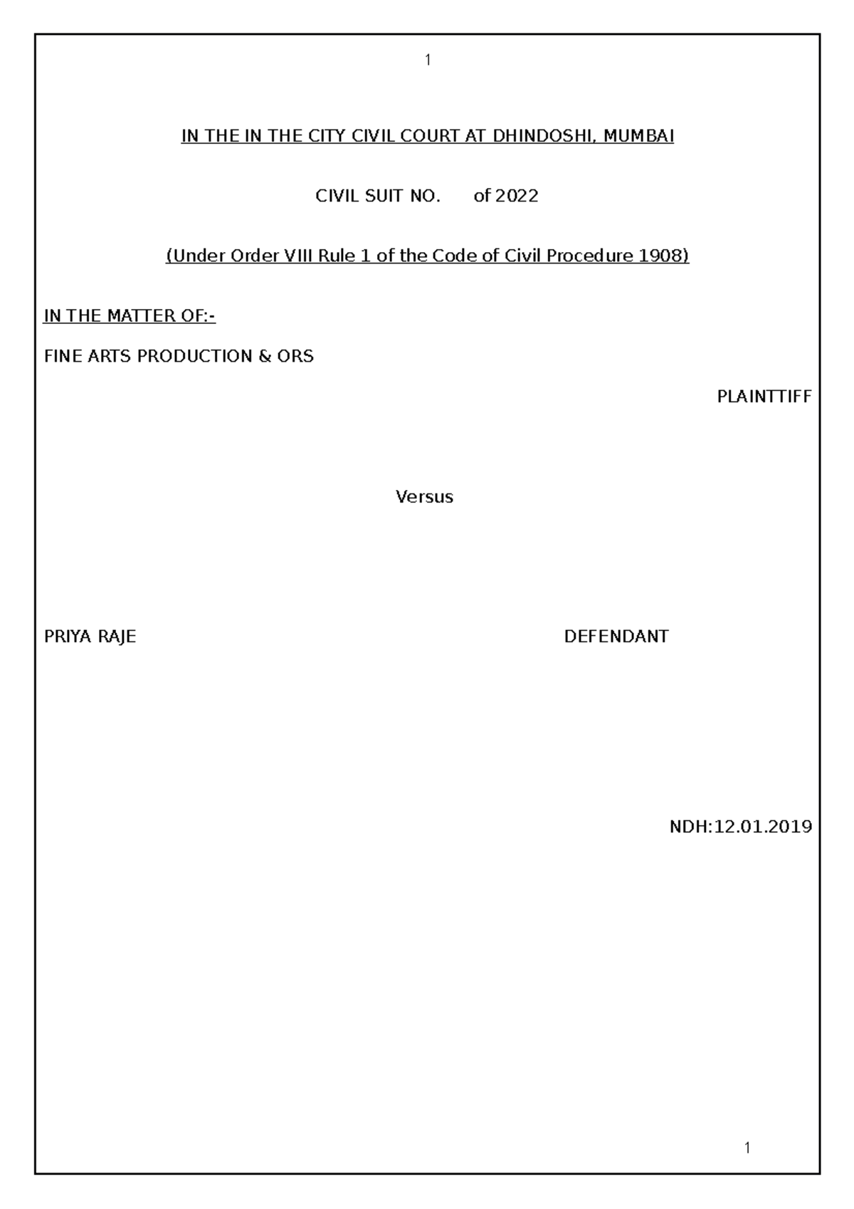 Written Statement - IN THE IN THE CITY CIVIL COURT AT DHINDOSHI, MUMBAI ...