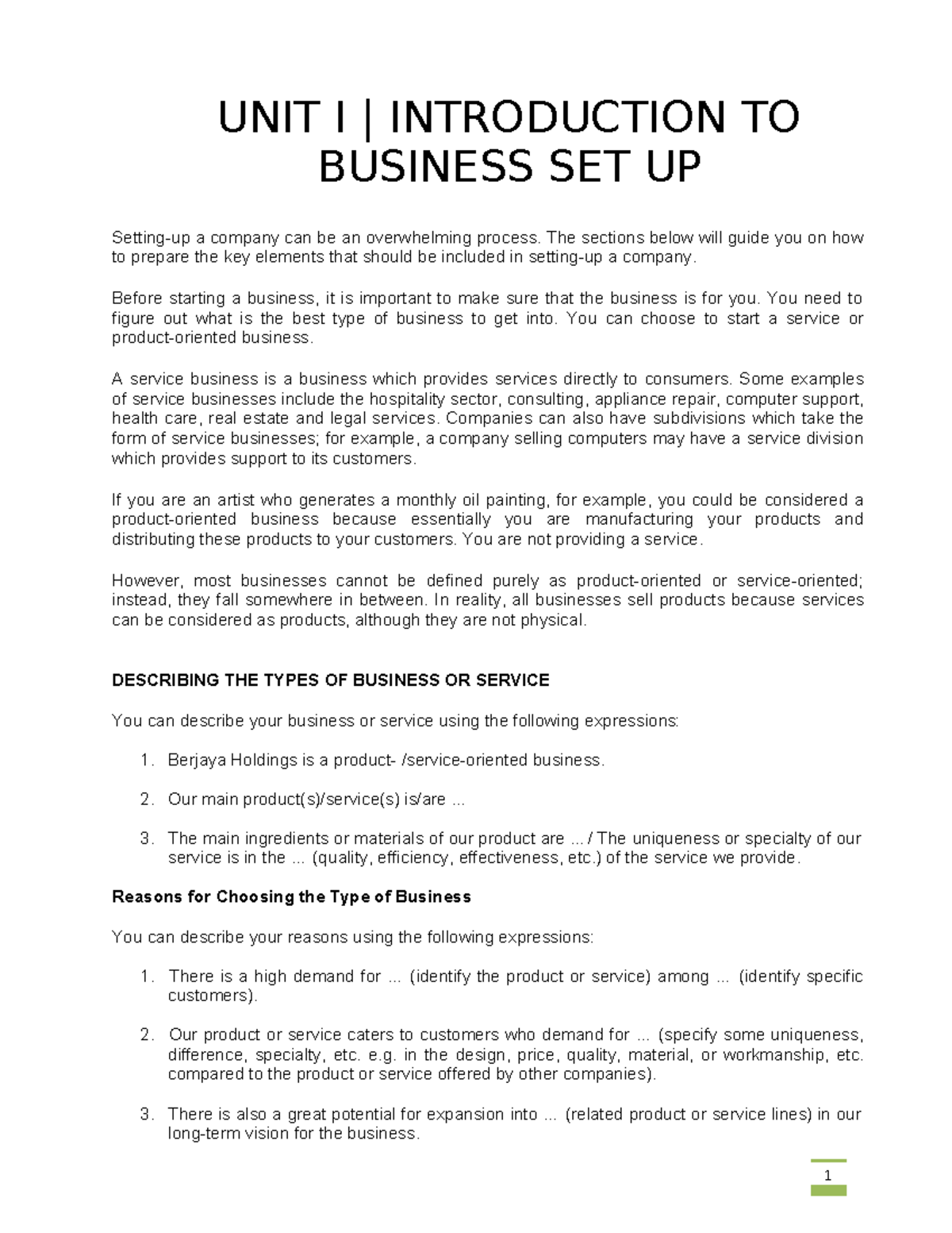 Notes - english - UNIT I | INTRODUCTION TO BUSINESS SET UP Setting-up a ...