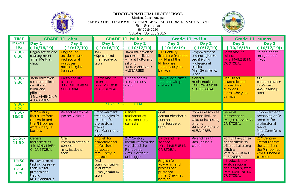 Quarter 1 ( Midterm) Schedule of Quarterly Exam SY 2022- 2023 ...