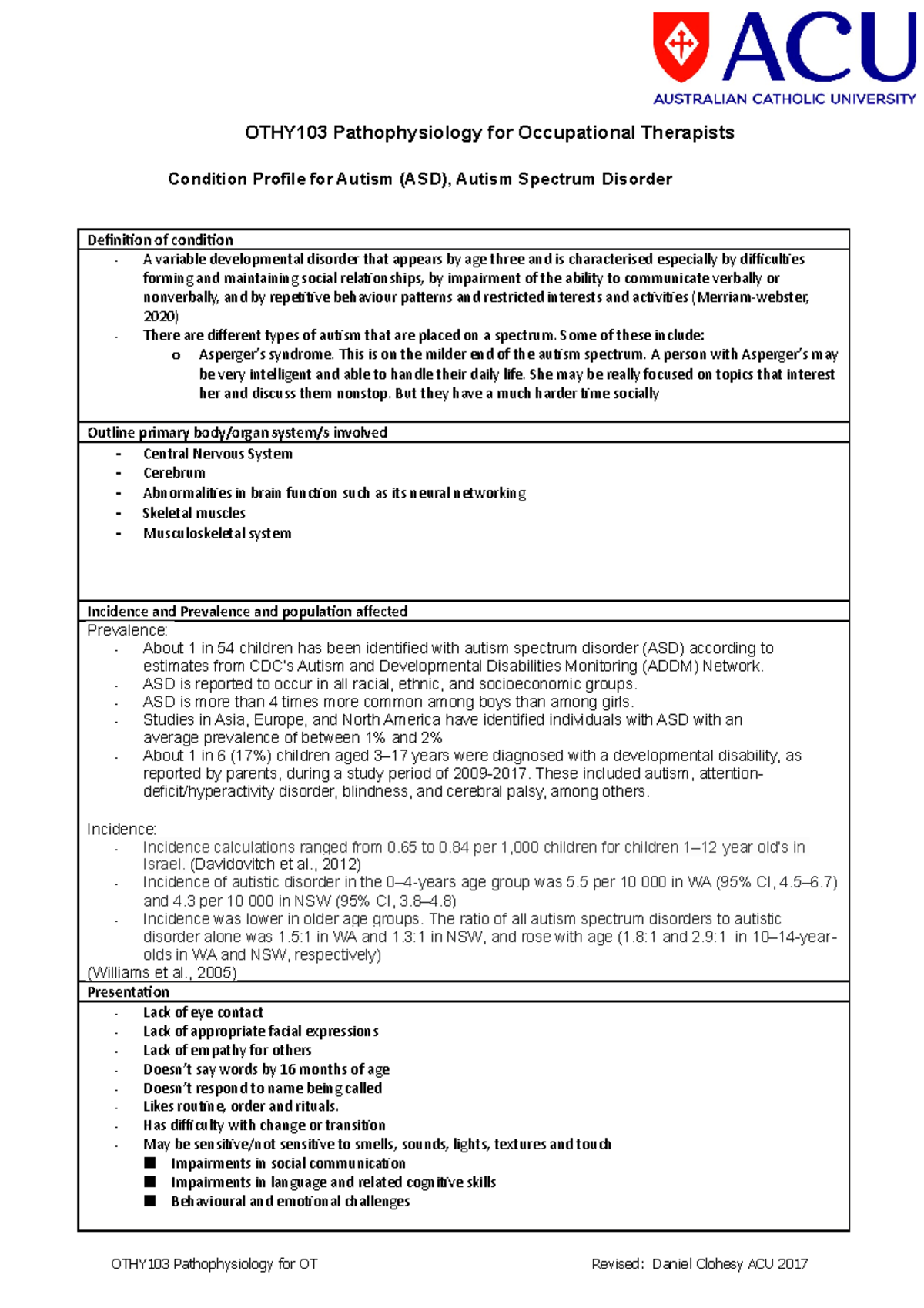 Autism condition profile - OTHY103 Pathophysiology for Occupational ...