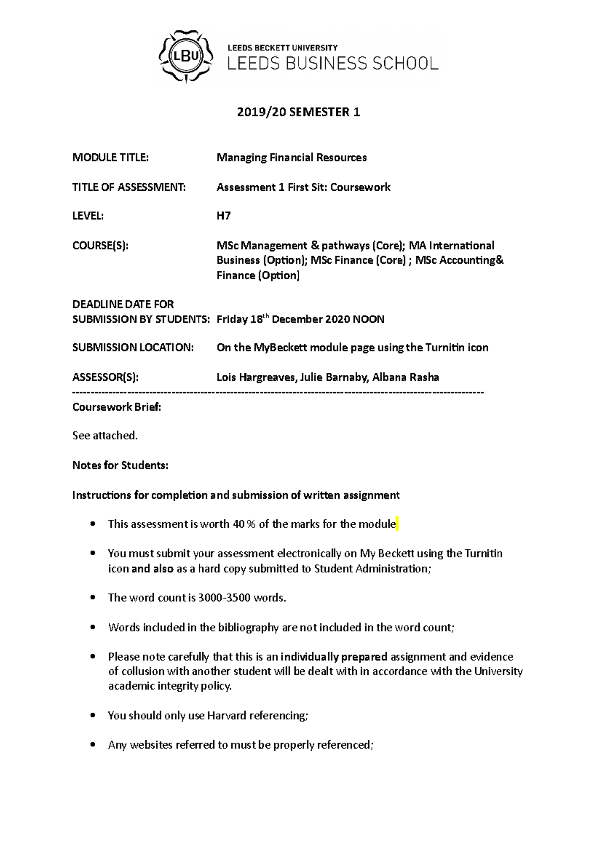 MFR Coursework Final 2021 S1 First Sit - 2019/20 SEMESTER 1 MODULE ...
