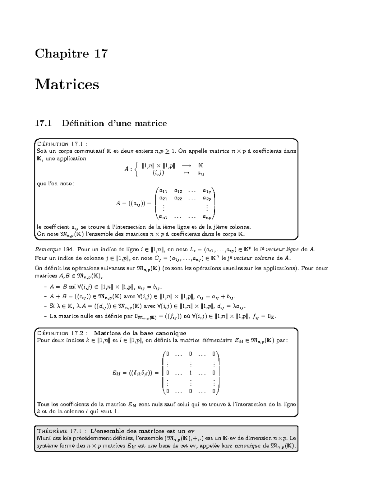 Les-matrices - Les-matrices - Chapitre 17 Matrices 17 D ́efinition d’une matrice D ́efinition 17 ...